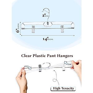 HOUSE DAY Clear Skirt Hangers with Clips, Non-Slip Plastic Pant Hangers with Adjustable Clips, Slim Clip Hangers for Pants, Skirts, Shorts, 14" Clear Hangers 10 Pack, 360-Rotating Swivel Hook