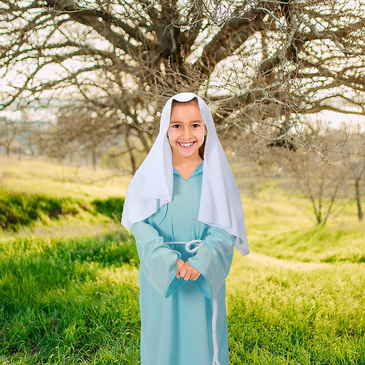 Hicarer Child Mary Costume Kids Biblical Costumes for Kids Girls Virgin Mary Costume with White Headpiece Belt Blue Robe Christian