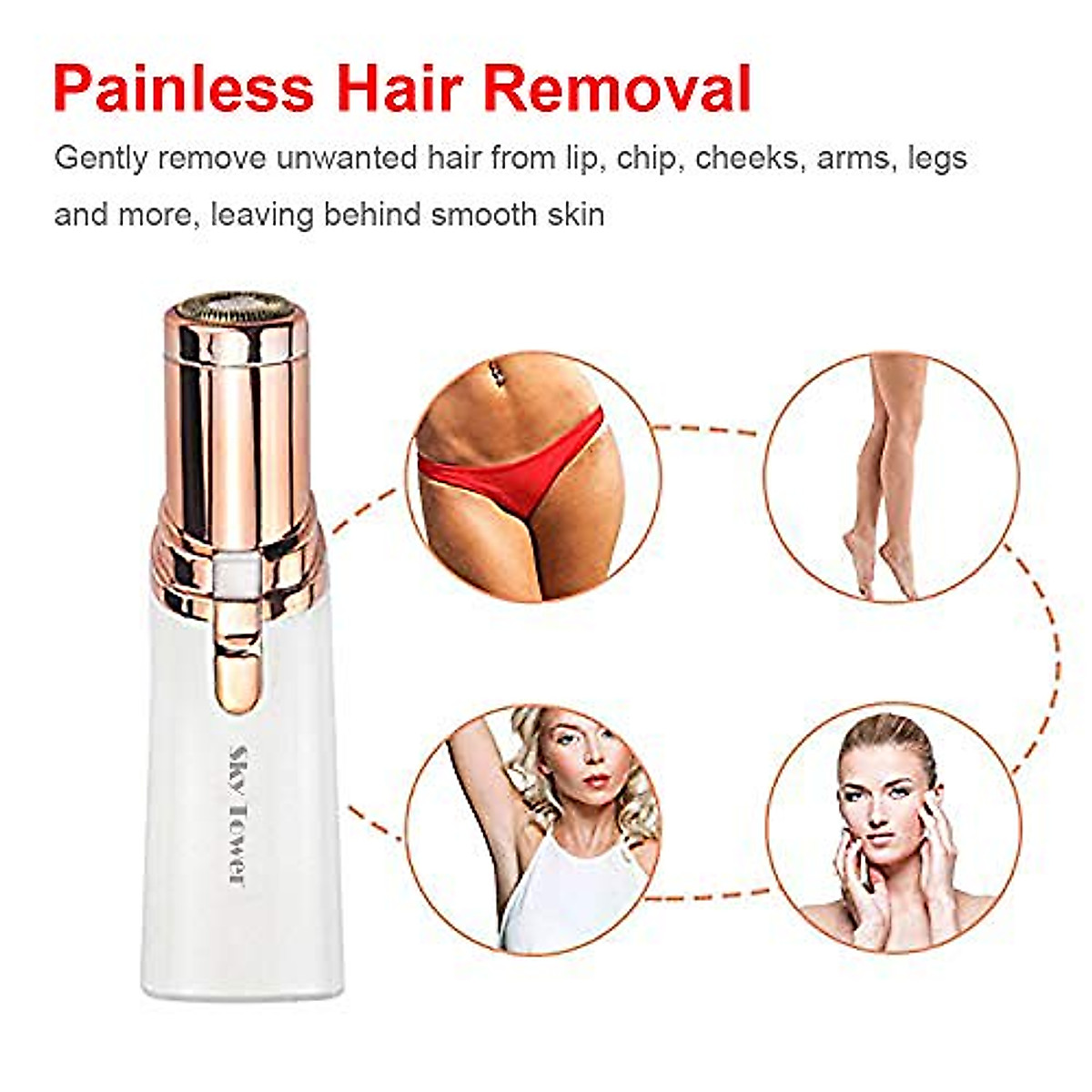 Sky Tower Professional Battery-Operated Women's Painless Facial Hair Remover, IPX7 Waterproof, for Face Upper Lip Chin Peach Fuzz Cheeks Arm (White)