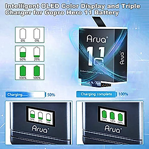 Arua 3 Pack Enduro Batteries for GoPro Hero 11 Black, Replacement Batteries 3-Channel Battery Charger OLED Battery Percentage Display Fully Compatible with Gopro Hero 11/ Hero 10/ Hero 9 (1800mAh)