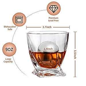 Old Fashioned Whiskey Glasses,Set of 6 (2 Crystal Bourbon Glasses,2 Stainless Steel Ice Balls,2 Round Big Ice Molds )-9 Oz Whiskey Rocks Glass for Scotch Cocktail Rum Cognac Vodka Liquor,Gift for Men