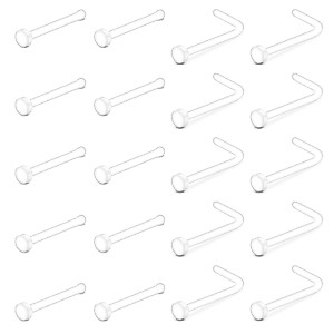 D.Bella 20G Clear Nose Studs Rings Acrylic L Shape Bioflex Bone Pin Straight Flexible Nose Piercing Retainer Flat Top for Men Women