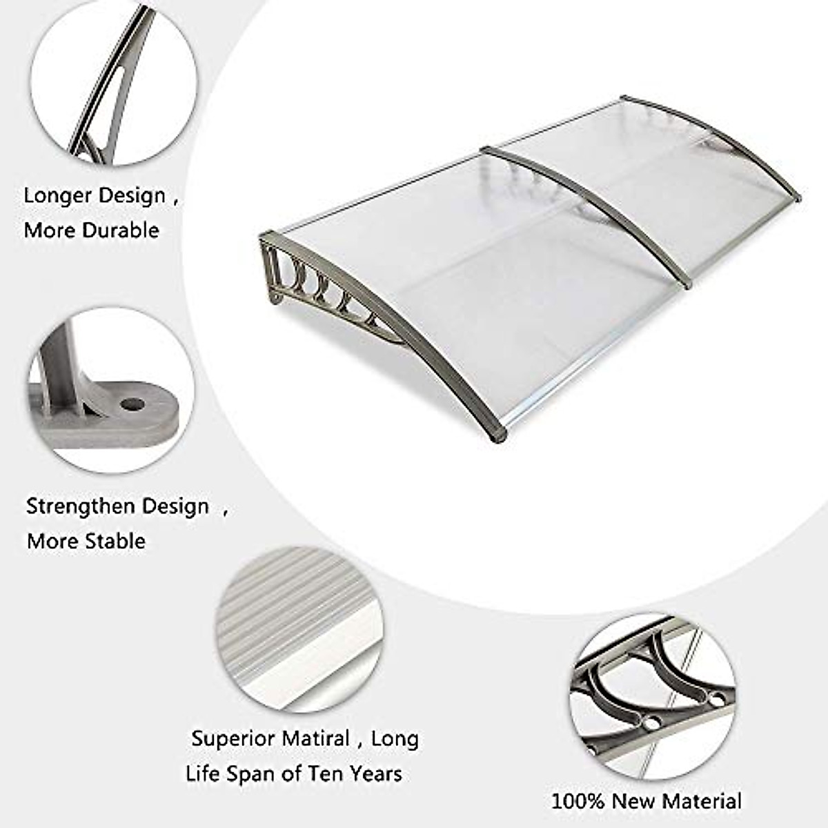 FCH Window Awning Door Canopy, 40" x 80" Window Awning Overhead Door Modern Polycarbonate Cover Outdoor Front Door Patio Canopy UV Rain Snow Sunlight Protection Hollow Sheet/Silver & Gray