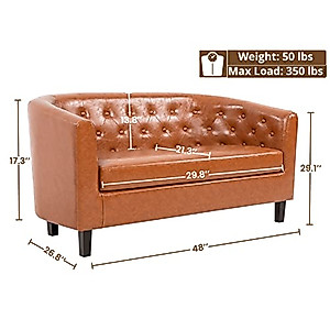 Emma Love Seat, Button Tufted Faux Leather Barrel Loveseat, Midcentury Modern 2 Seater Sofa Couch, Small Loveseat for Small Spaces, Bedrooms, Couches for Living Room, Easy Tool-Free Assembly - Caramel