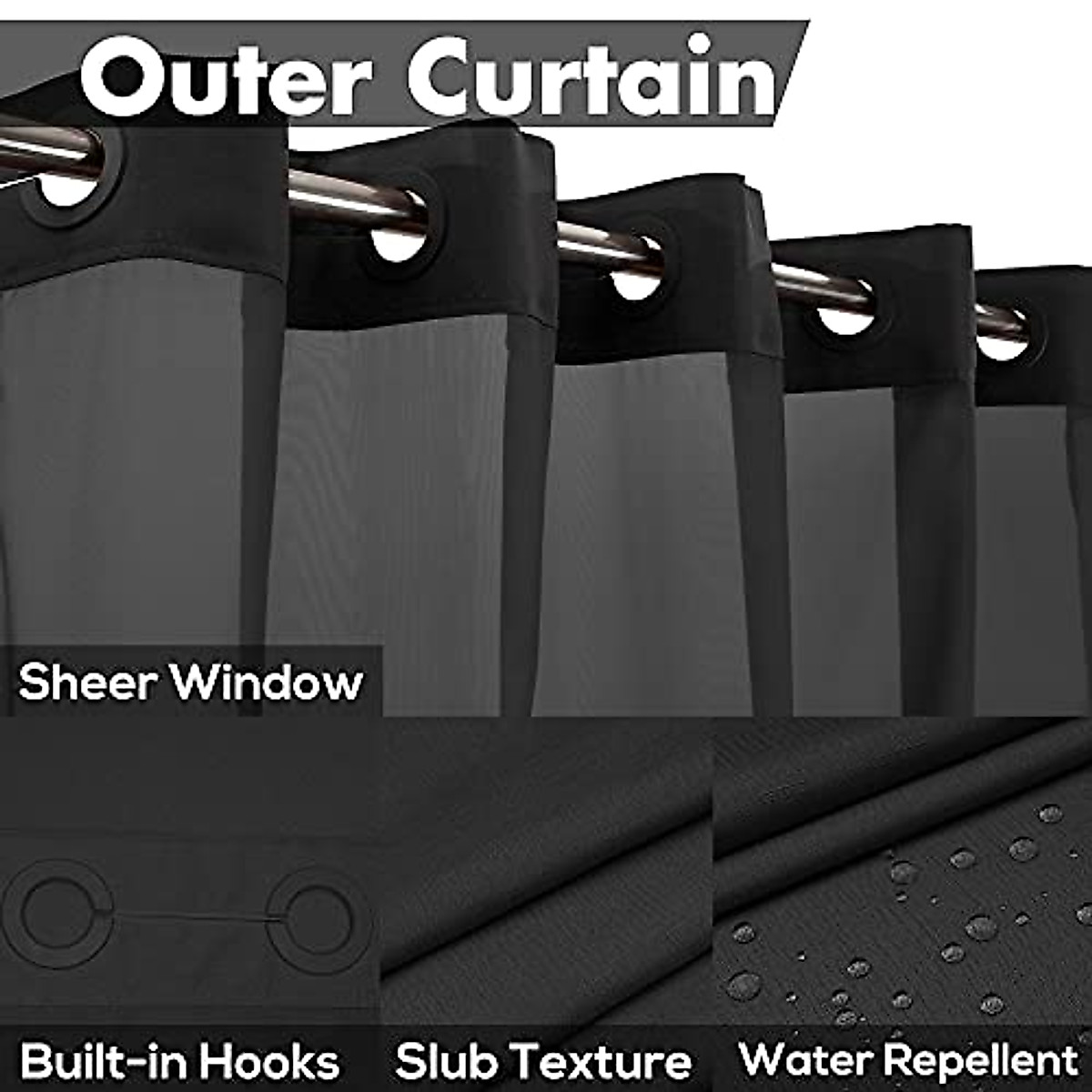 No Hook Slub Textured Shower Curtain with Snap-in PEVA Liner Set - 71" x 74"(72"), Hotel Style with See Through Top Window, Machine Washable & Water Repellent Fabric, Black, 71x74