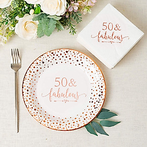 Crisky 50 Fabulous Disposable Plates for Women 50th Birthday Decorations Rose Gold Dessert, Buffet, Cake, Lunch, Dinner Disposable Plates 50th Birthday Party Table Supples, 50 Count, 9 inches