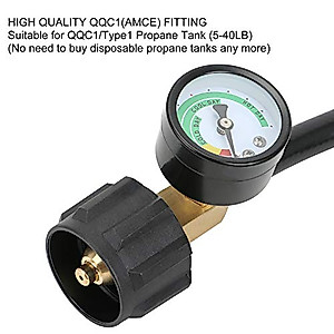 STYDDI 1lb to 20lb Propane Adapter Hose with Gauge, 4-Foot Propane Hose Converter Kit 1 lb to 20 lb for Weber Q Grill, Mr. Heat Propane Heat, Blackstone 17" - 22" Griddle and More Portable Appliances