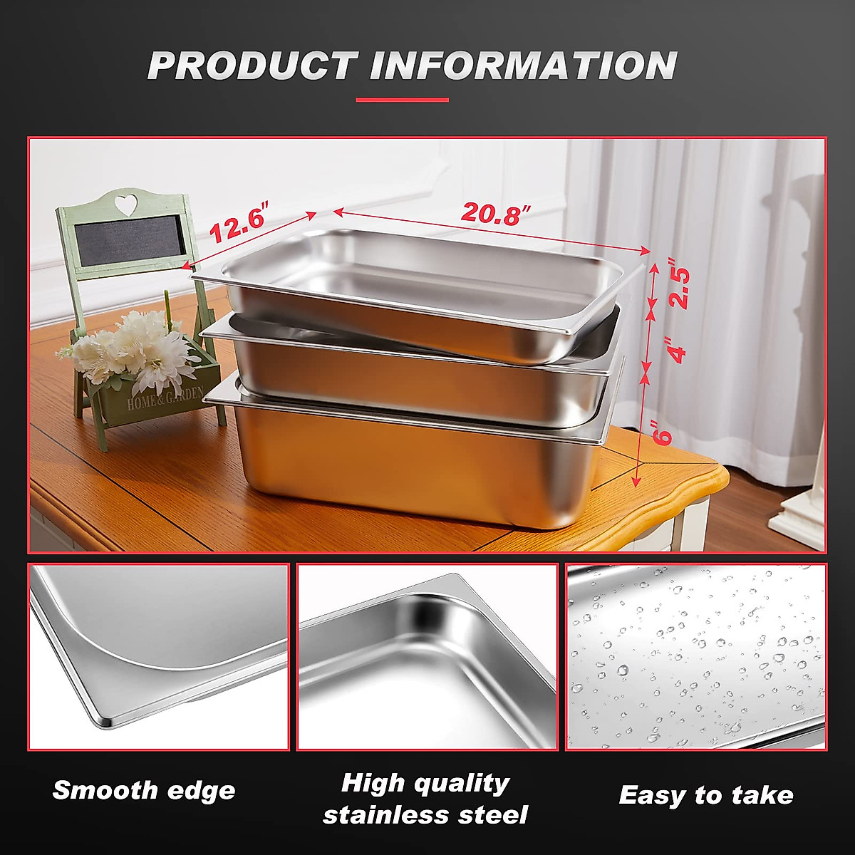 6 Pack Stainless Steel Steam Table Pan Full Size Hotel Pans 20.8"L x 12.8"W Commercial Food Pan Catering Food Pan for Hotel Canteen Restaurant Office Cafeteria Family Events, 3 Diverse Depths