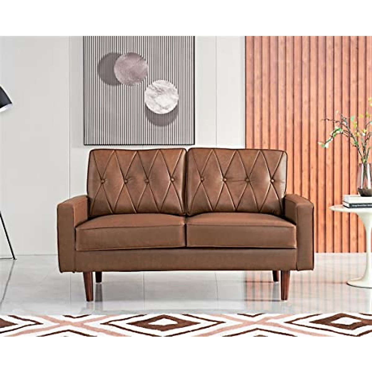 Container Furniture Direct Modern Style Faux Leather Loveseat with Elegant Round Tapered Legs and Button Tufted Backrest Perfect for Living Room, Bedroom or Home Office, 57.5’’ Wide, Brown