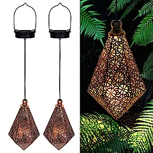 MAGGIFT 2 Pack Solar Hanging Lights, Solar Powered Retro Lantern with Handle, Warm White LED Christmas Garden Lights, Metal Diamond Shape Lamp Waterproof for Outdoor for Yard Tree Fence Patio