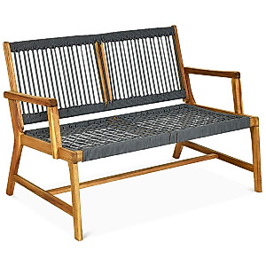 Tangkula 2-Person Patio Acacia Wood Bench Loveseat Chair, Outdoor Patio Bench Acacia Wood Bench in Teak Oil Finish, Patio Loveseat Rope Bench for Balcony Deck Poolside Porch (Grey)