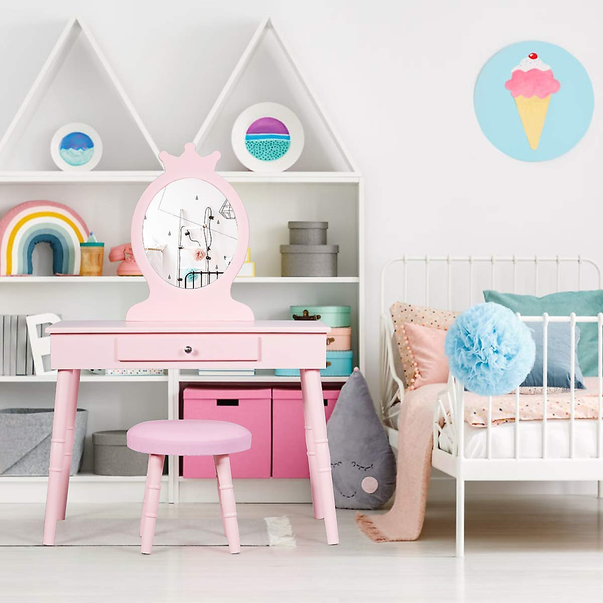 Casart Wooden Kids Vanity Set, Makeup Table and Stool Set with Mirror, Pull-Out Drawer and Cushioned Stool, Perfect Dressing Table Set for Children,Child Pretend Beauty Play Vanity Set, Pink