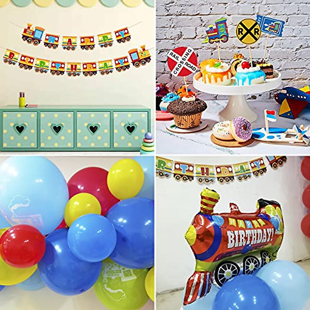 Train Birthday Party Supplies Set - Train Party Decorations with Railroad Balloons Garland,Train Birthday Banner,Train Balloons,Railway Cupcake Toppers for Steam Train Birthday Party,Baby Shower