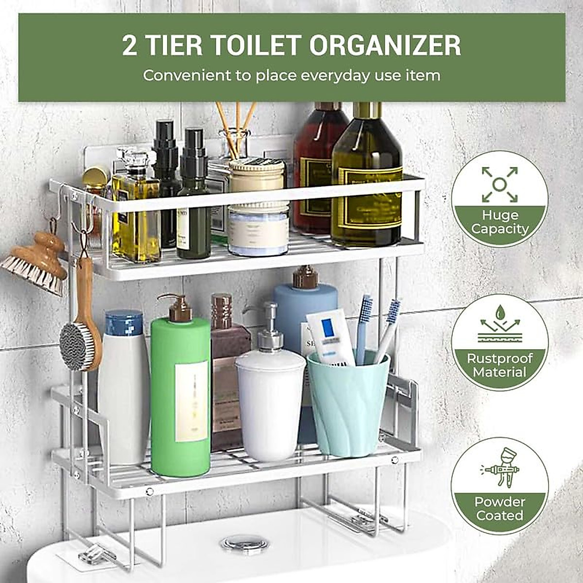 DINEST 2 Tier Over the Toilet Storage Shelf, Anti Resistant bathroom shelf over toilet organizer, Multifunctional No Drilling above toilet storage with Wall Mounting Design - White