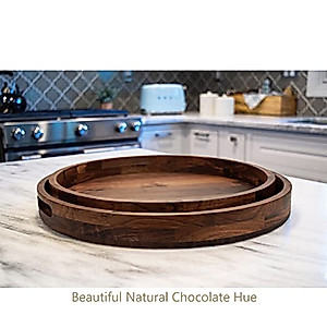 MAGIGO 18 Inches Extra Large Round Black Walnut Wood Ottoman Tray with Handles, Serve Tea, Coffee or Breakfast in Bed, Classic Circular Wooden Decorative Serving Tray