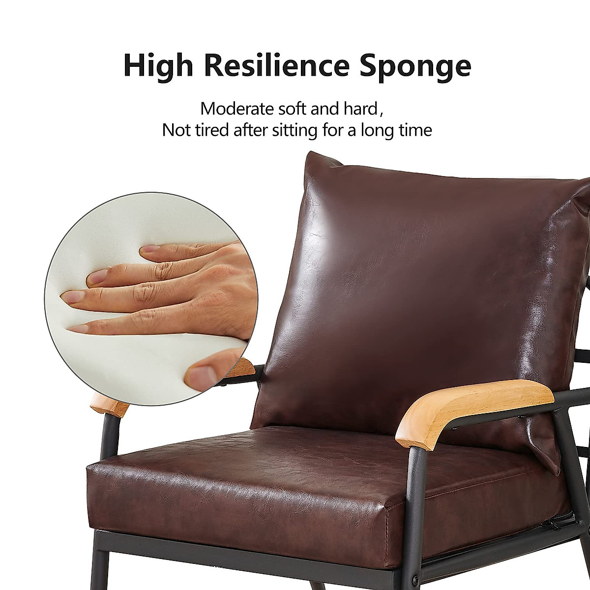 CLIPOP Mid Century Modern Accent Chair, Single Sofa with Removable Backrest and Cushion, Upholstered Faux Leather Armchair with Solid Wood Armrest Metal Frame Easy-Assembly, 24" W, Dark Brwon