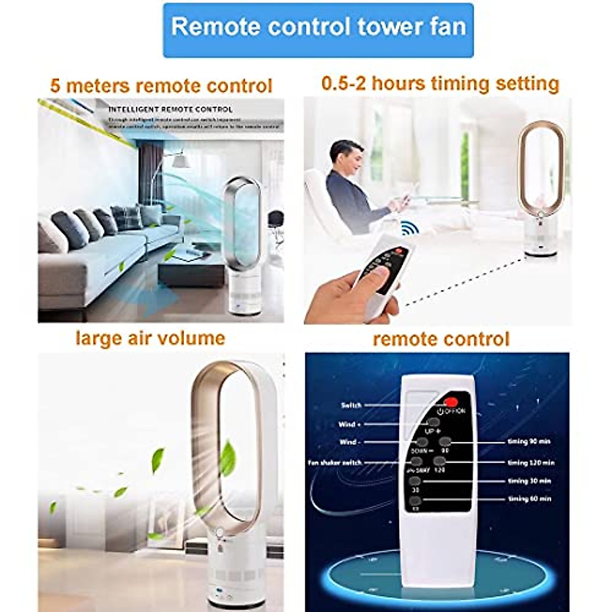SABYDICAR 16 inch tower fan,quiet bladeless fan with remote control household energy-saving air purifier fan desktop electric fan for summer, bedroom, office, 90 degree rotating,easy operation