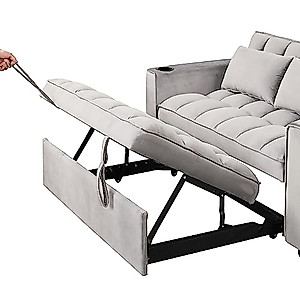 FULife 58" Convertible Sofa Couch with Pull-Out Sleeper,Adjustable Loveseat Armchair Single Bed Chair with Cup Holder,USB Port,Side Pocket&Pillows for Living Room/Apartment/Office/Studio/Small Place