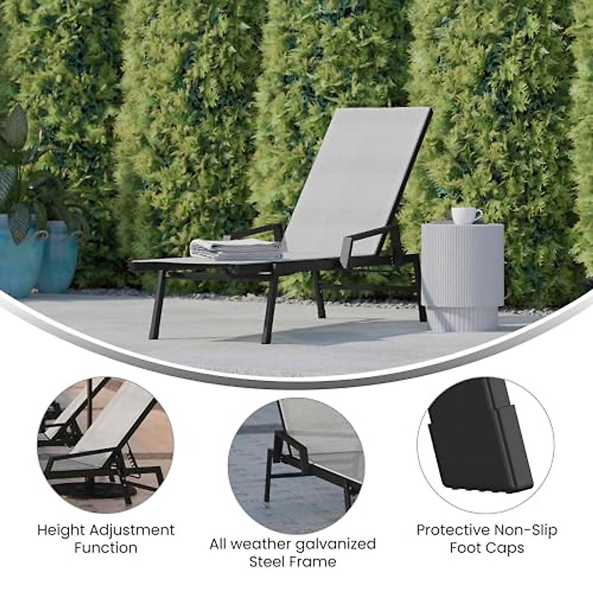Flash Furniture Brazos Adjustable Chaise Lounge Chair with Arms, All-Weather Outdoor Five-Position Recliner, Black/Gray
