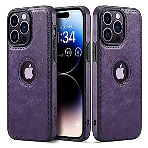 Casus Designed for iPhone 14 Pro Max Case Vegan Leather Slim Logo View Classic Luxury Elegant Thin Protective Cover (2022) 6.7" (Purple)
