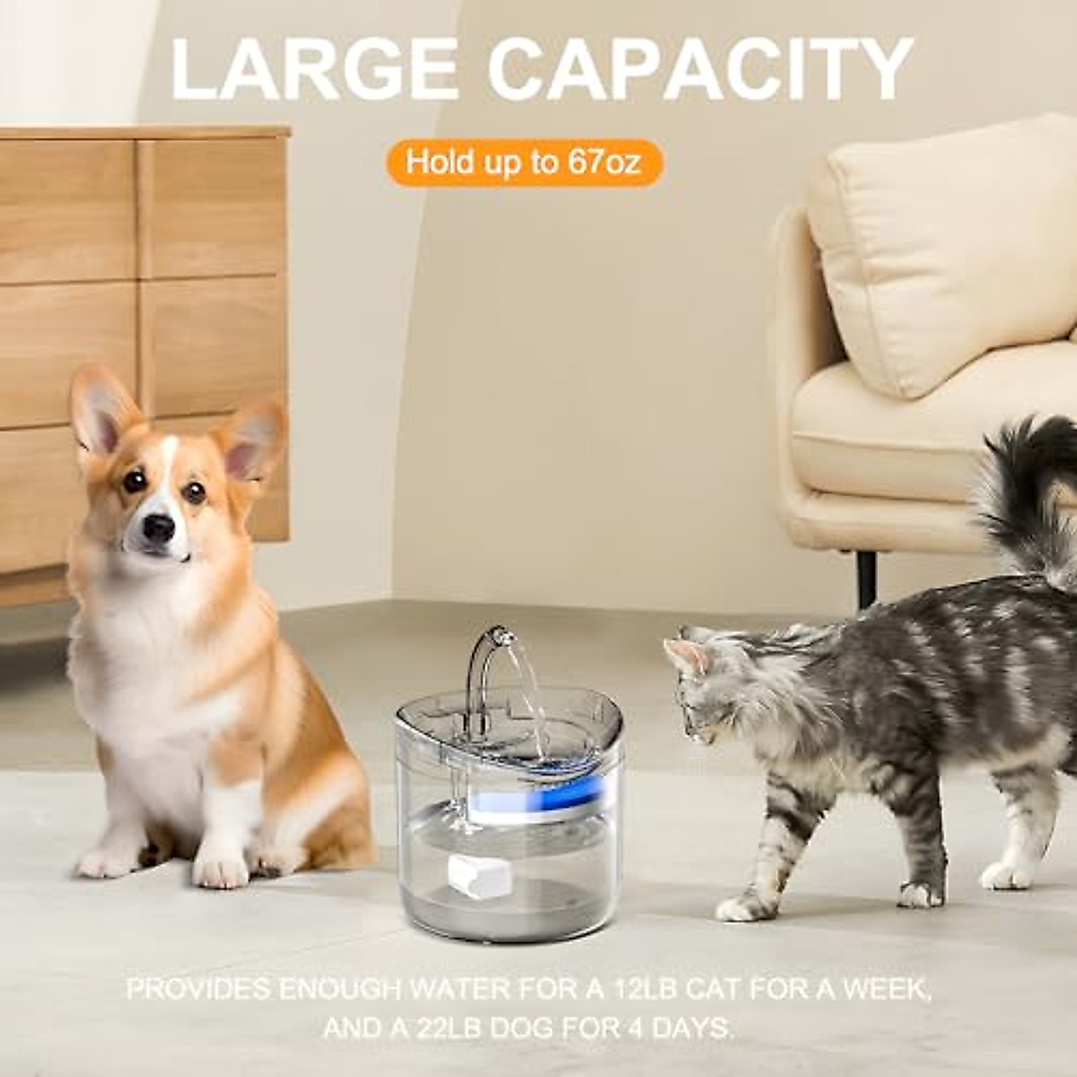 Cat Water Fountain, 67oz / 2L Automatic Dog Water Dispenser, Super Silent, Transparent Water Tank Pet Fountain for Cats Dogs Multiple Pets (with External Sensor)