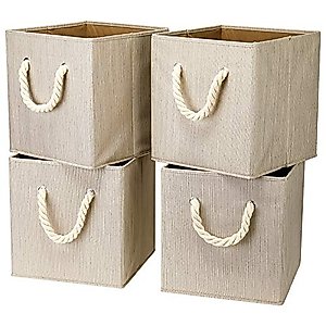 i BKGOO Foldable Storage Cube Bins Dark Grey Bamboo Fabric Collapsible Resistant Basket Box Organizer with Cotton Rope Handle for Home Office and Nursery 10.5x10.5x11 inch