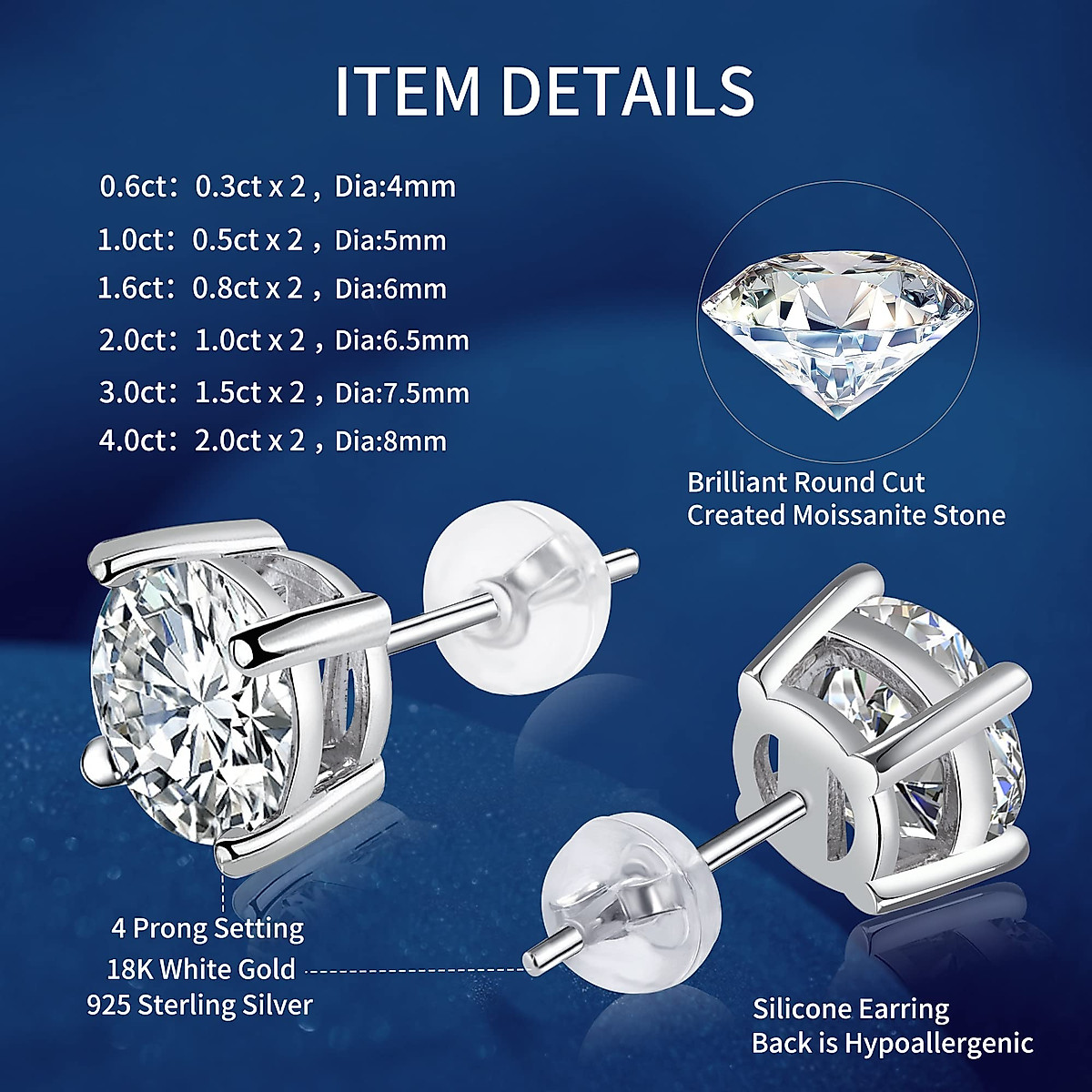 Moissanite Stud Earrings, White Gold Gemstone Silver, Moissanite