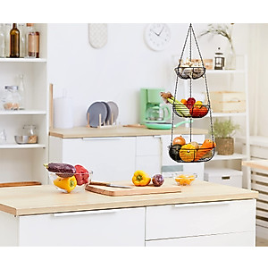 CAXXA 3-Tier Hanging Basket Fruit Organizer Kitchen Heavy Duty Wire Organizer with 2 Free Bonus Metal Ceiling Hooks, Black