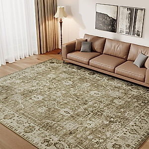 AMOAMI-Vintage 8'x10' Area Rugs for Living Room Washable Area Rug Non-Slip Low Pile Non-Shedding Floral Print Carpet for Bedroom Dining Room Office Double Latte