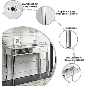 Mirrored Console Table with 2 Drawer, Silver Mirrored Makeup Dressing Table Vanity Desk, Modern Writing Desk Media Table for Bedroom Entryway Home Office
