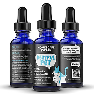 Homescape Pets Restful Pet - Calming Drops - Anxiety, Fireworks, Storms, Stress Relief - Organic Hemp Oil, Chamomile & Valerian for Dogs and Cats - Vet Recommended