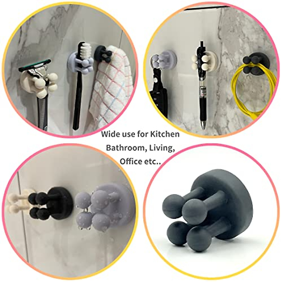 HuJiao-Zi 6 Pack Silicone Hooks, Reusable Seamless Utility Hook Adhesive Hooks Silicone Towel Key Hooks Self Adhesive Holders for Hanging Kitchen Bathroom Home Office,3 Colors