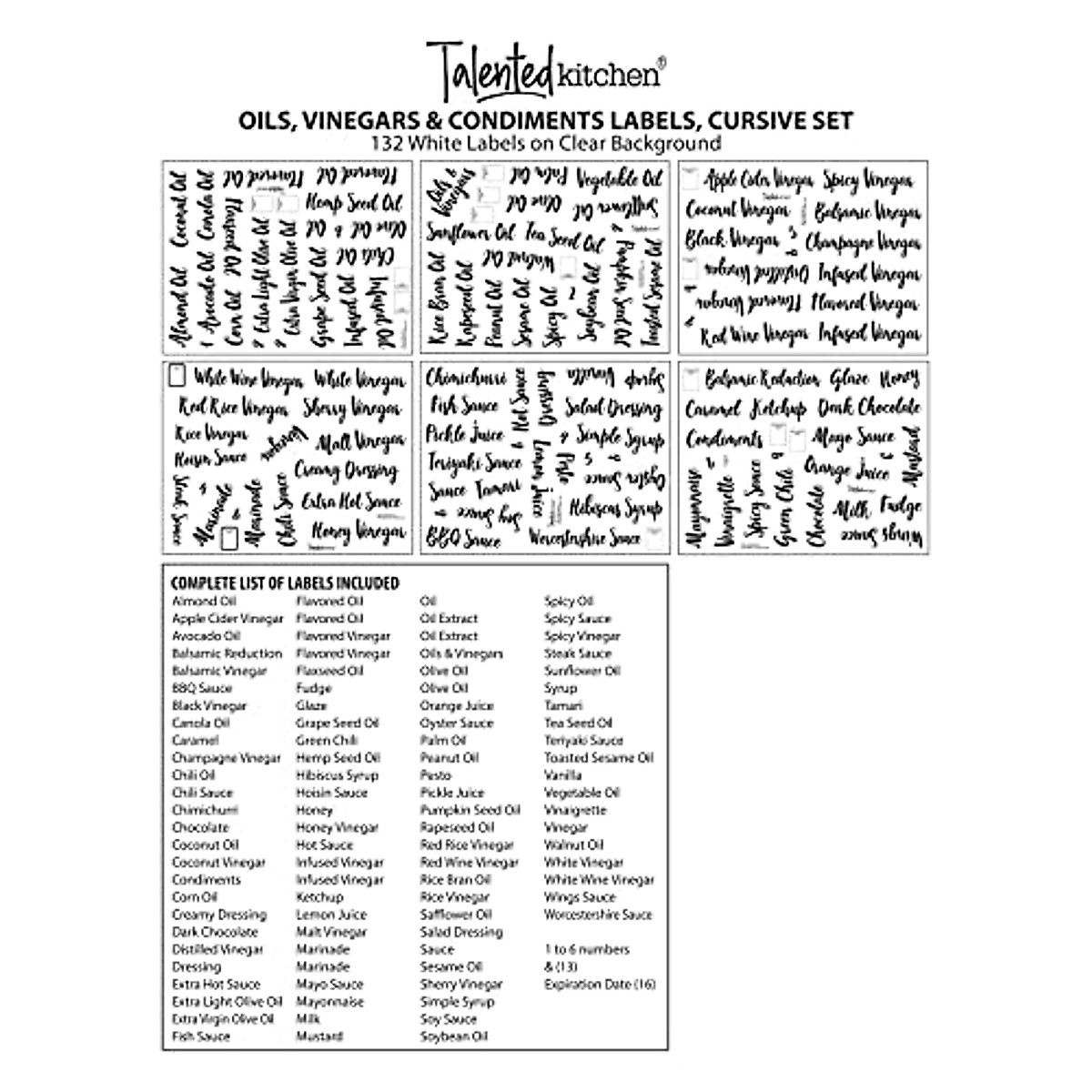 Talented Kitchen 132 White Cursive Oil and Vinegar Labels for Bottles, Clear Preprinted Condiments Stickers for Squeeze Dispensers, Kitchen Pantry Organization