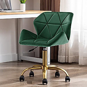 Duhome Cute Home Office Chair, Velvet Swivel Desk Chair Armless Hydraulic Rolling Computer Chair with Backrest Golden Base for Teens Girls, Dark Green