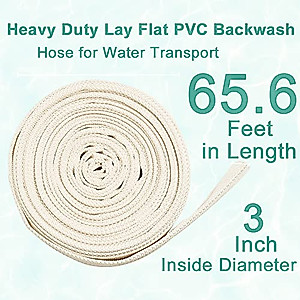 Eoiips 3 Inch x 65.6 Feet Length Swimming Pool Backwash Hose, PVC Lay-Flat Garden Hose Water Discharge Hose with Adjustable Hose Clamp for Patio Garden Lawn Irrigation & Swimming Pool