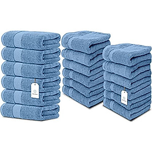 White Classic Luxury Hand Towels | 6 Pack Luxury Cotton Washcloths | 12 Pack Bundle (Light Blue)