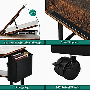 YITAHOME Height Adjustable Table with Charging Station, Portable Desk with Wheels, Small Standing Rolling Computer Desk with Tiltable Tabletop and Storage Bag, Brown