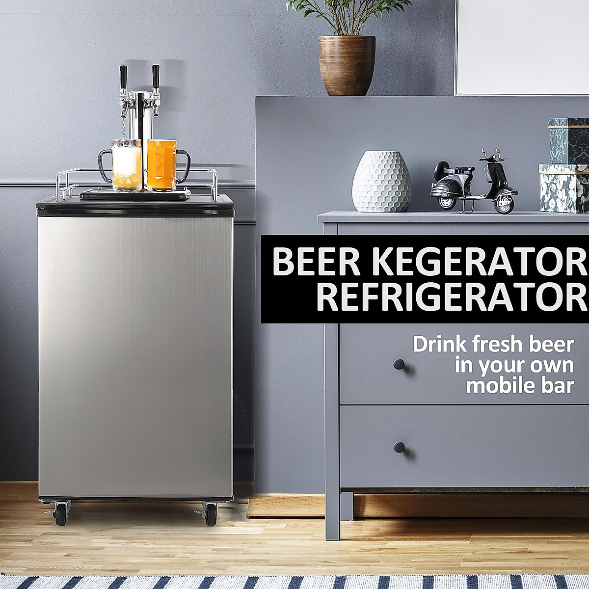 PioneerWorks Beer Kegerator, Single Tap Draft Beer Dispenser, Full Size Stainless Steel Keg Refrigerator With Drip Tray, CO2 Cylinder, 32°F- 50°F Temperature Control, 128L