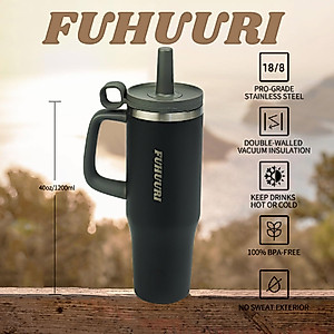 FUHUURI 40oz Stainless Steel Tumbler with Handle,Straw Lid,Double Wall Insulated, Keep Drinks Cold or Hot,Cupholder Friendly (Black grey)