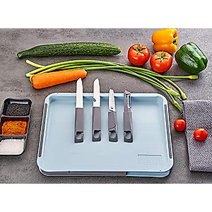 WELLSTAR Cutting Board Set of 5, Double Sided Plastic Chopping Board with Paring Knife, Serrated Utility, Scissors, Vegetables Peeler, Portable Outdoor Picnic BBQ Small Knife and Cutting Board Pack