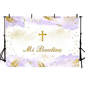 MEHOFOND 7x5ft Mi Bautizo Baptism Backdrop Mexican Gold Bless First Holy Communion Christening Banner Purple Watercolor Clouds Photography Background Party Decoration Photo Booth Props