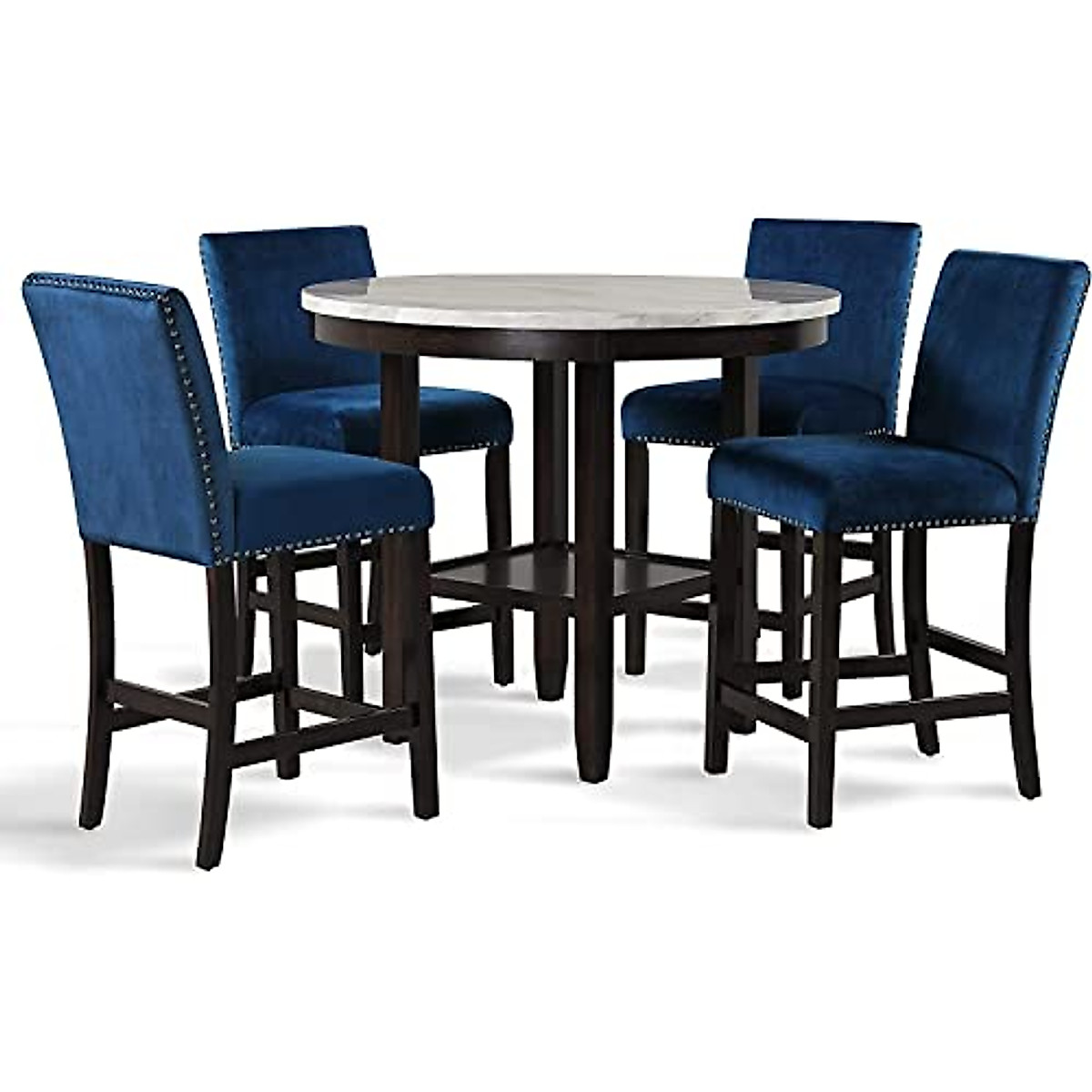 New Classic Furniture Celeste 5-Piece Faux Marble Round Counter Set with 1 Table and 4 Chairs, 42-Inch, Blue