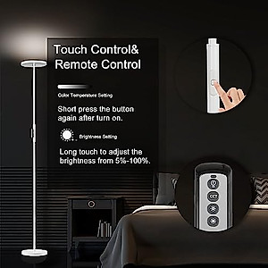 JOOFO Floor Lamp,30W/2400LM Sky LED Modern Torchiere 3 Color Temperatures Super Bright -Tall Standing Pole Light with Remote & Touch Control for Living Room,Bed Room,Office (Pearl White)