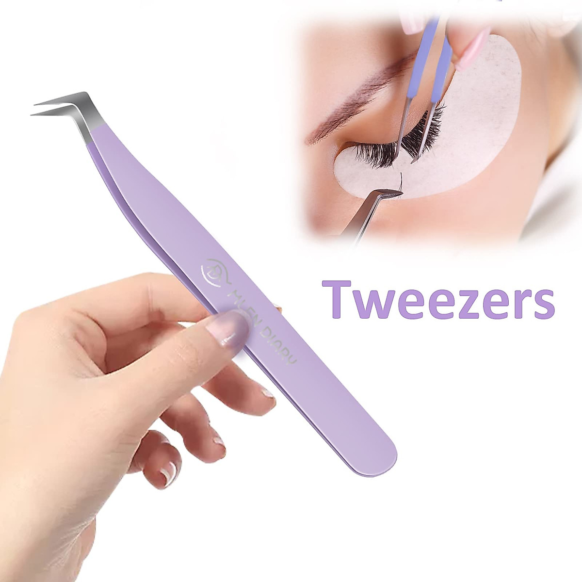 MLEN DIARY Lash Tweezers for Eyelash Extensions Stainless Steel Eyelash Extension Tweezers Curved L Angled Tips Flat Lashing Tweezer Tools for Volume,Isolation & Classic Lashes - Purple