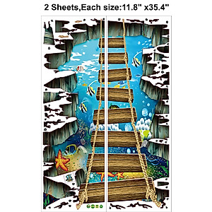 Quanhaigou 3D Floor Stickers,Sea World Fish Ocean Wooden Bridge PVC Art Wall Decal for Bathroom Living Room Nursery Bedroom Removable Decor