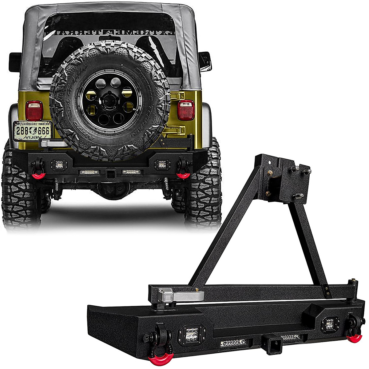 LUYWTE For 1997-2006 Wrangler TJ New Black Texture Steel Rear Bumper With Spare Tire Carrier&Lights&D-Rings