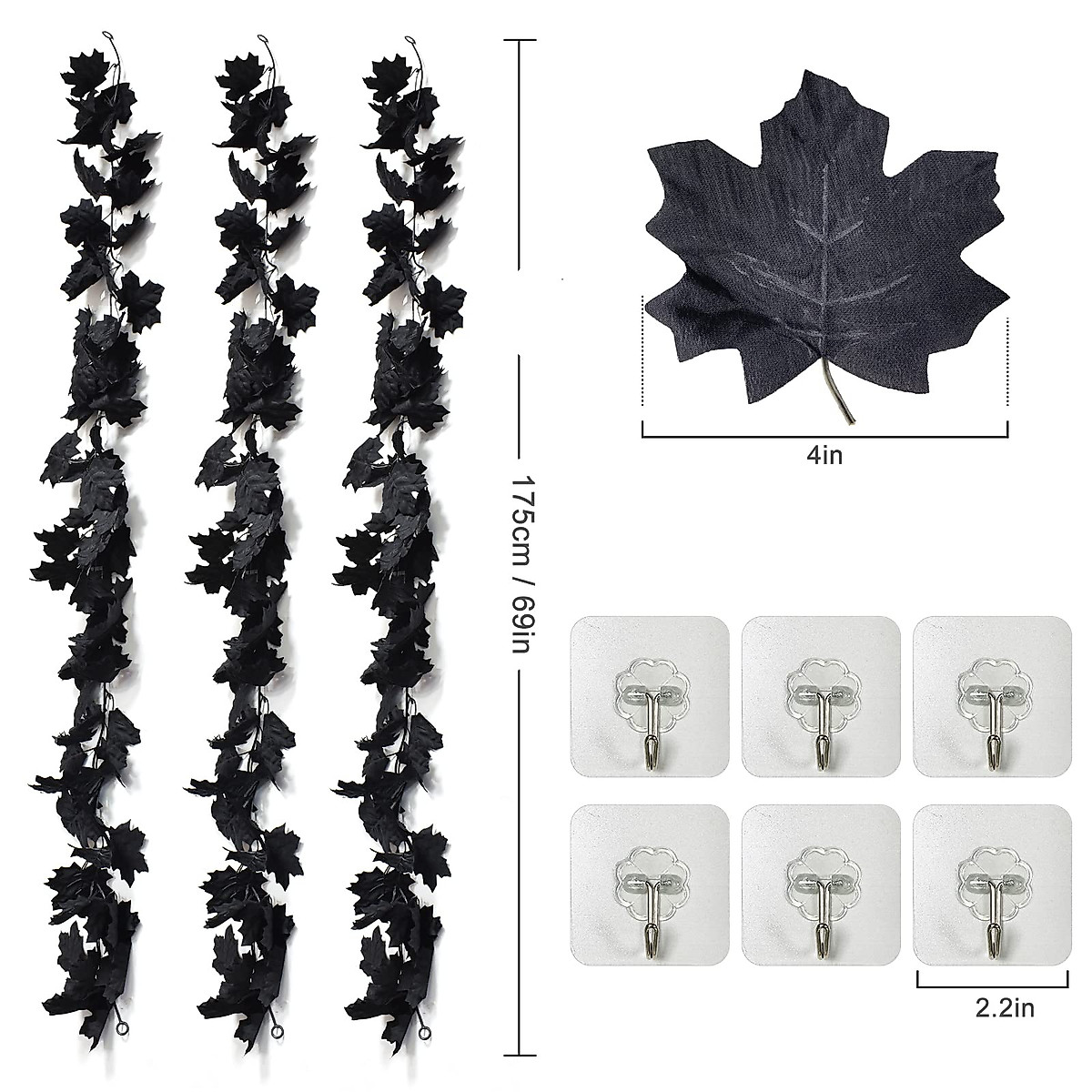 IWNTWY 3 Pack Fall Leaves Garland, Artificial Autumn Hanging Maple Leaf Vines Foliage Garland for Halloween Party Front Door Home Fireplace Decor (Black, 5.5Ft/Pack)