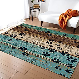 Small Area Rug 3'x5', Paw Print Filling Soft Kids Room Throw Carpet Non-Slip Bathroom Rugs, Rustic Teal Brown Beige Wood Indoor Floor Mats Kitchen Runner Rugs for Living Room Bedroom