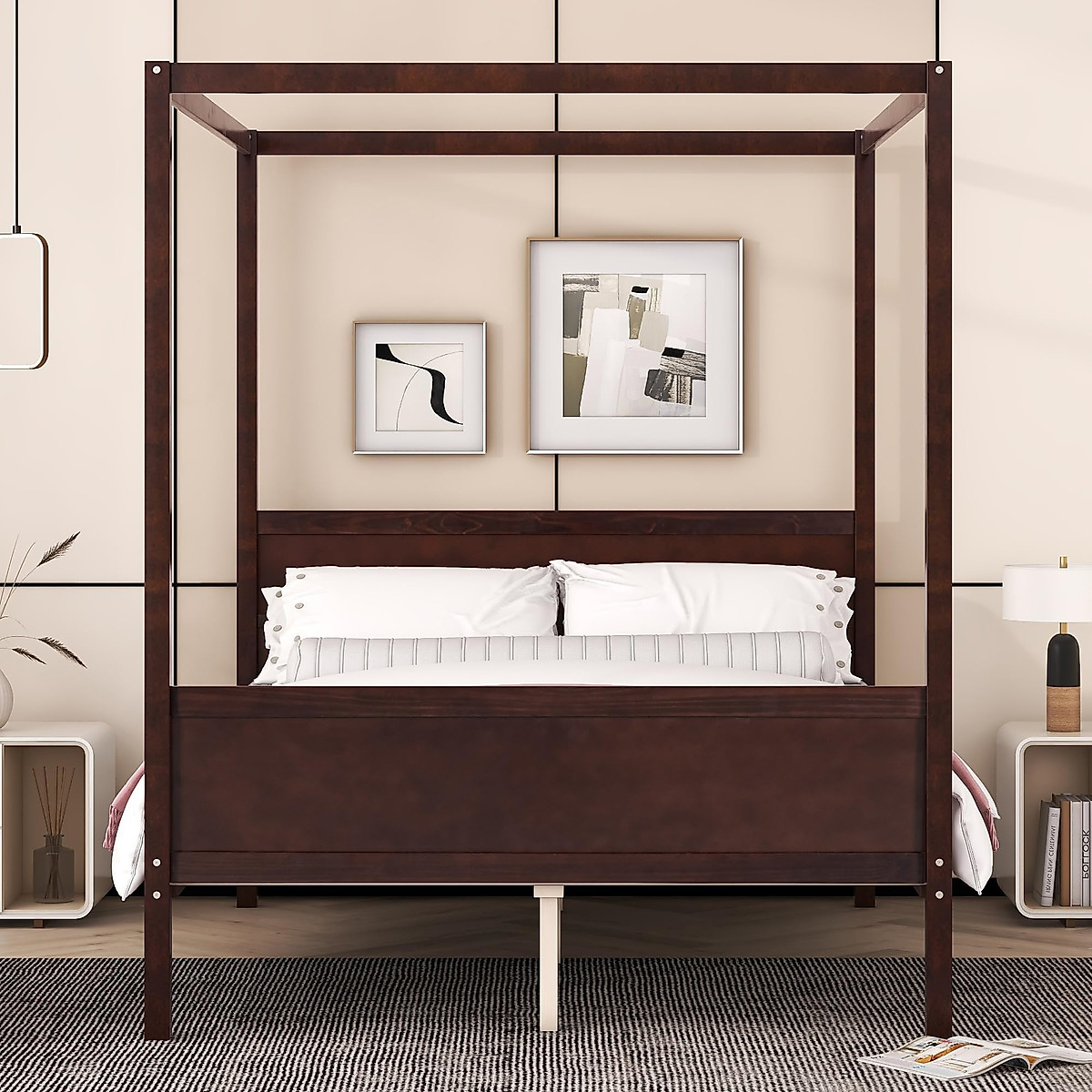 Merax Queen Size Canopy Bed with Headboard and Footboard, Solid Wood 4 Posters Platform Bed with Slat Support Leg, No Box Spring Needed, Espresso