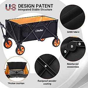 Ohuhu Collapsible Folding Wagon Cart: Extra Reinforced Foldable Wagons with 400 LB Capacity Heavy Duty Utility Outdoor Grocery Shopping Carts with Removable Wheels & 2 Drink Holders for Camping Picnic